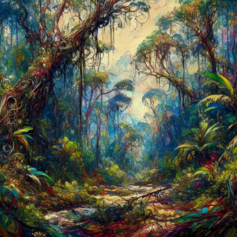 Fantasy Forest Painting. a Lot of Colors Stock Illustration ...