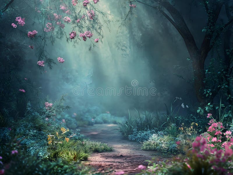 Fantasy Forest Path Pink Flowers Soft Light Dreamy Atmosphere Stock ...