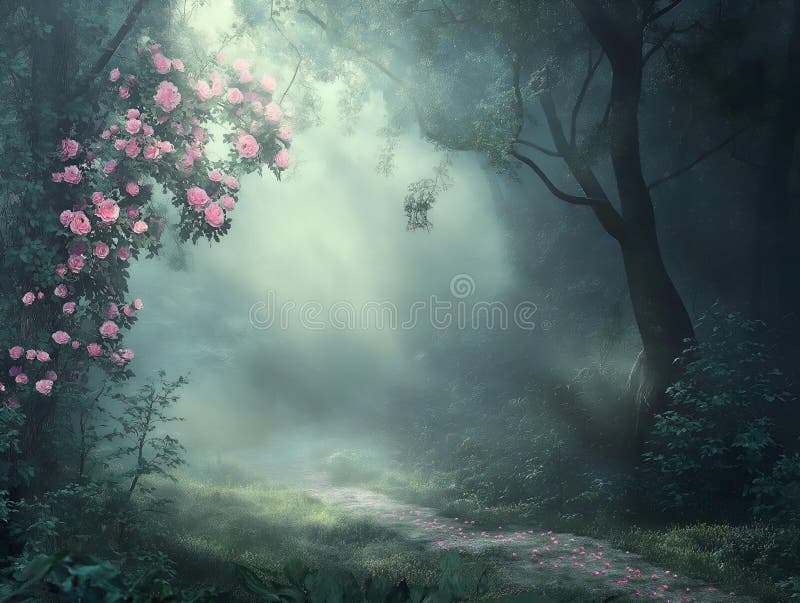 Fantasy Forest Path Pink Flowers Soft Light Magical Atmosphere Stock ...