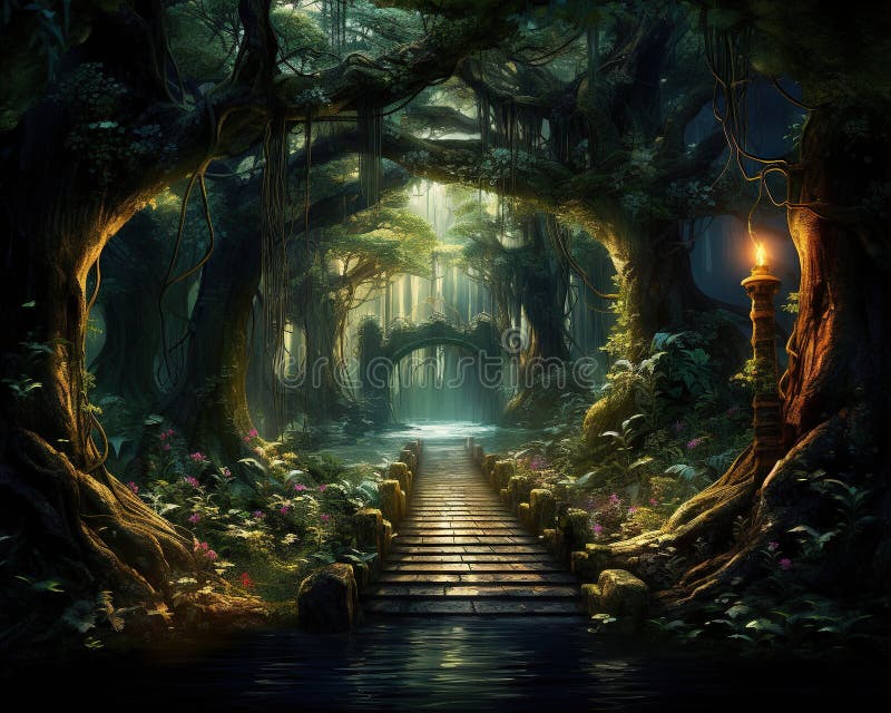Fantasy Forest Pathway with Trees Arching Across a Dark Path. Stock ...