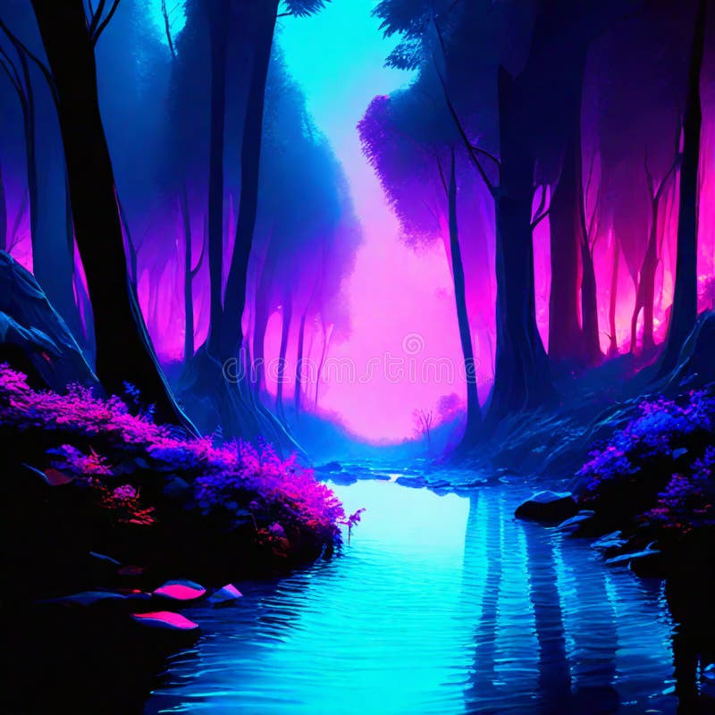 Fantasy Forest and River in Neon Light. 3D Rendering Stock Illustration - Illustration of neon ...