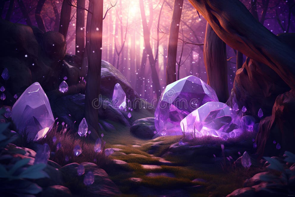 Fantasy Forest with Fantasy Rocks and Crystals. 3D Illustration Stock ...