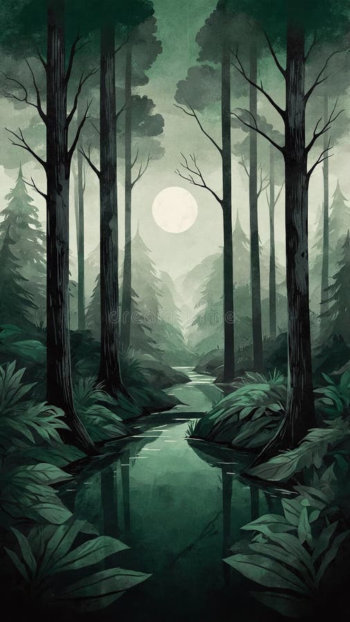 Fantasy Forest Scene with Lush Greenery and Moonlight Reflecting in a ...