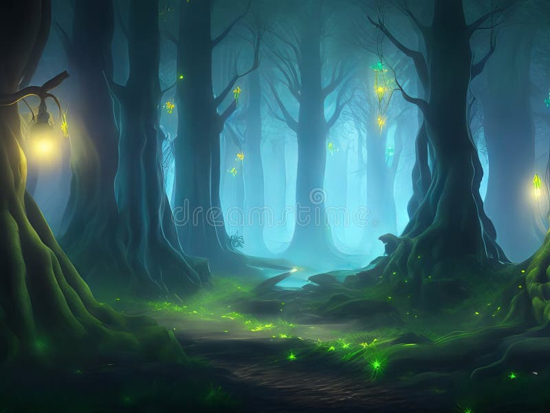 Fantasy Forest Scene with Shimmering Lights in the Evening. Stock ...