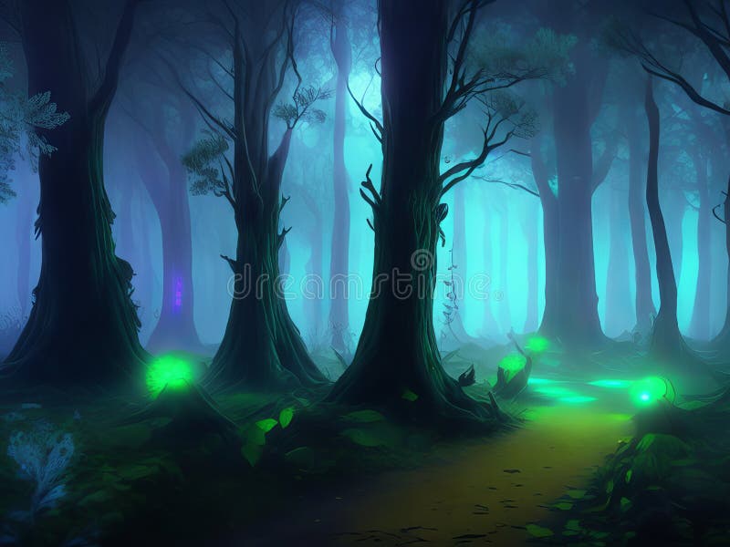 Fantasy Forest Scene with Shimmering Lights in the Evening. Stock ...