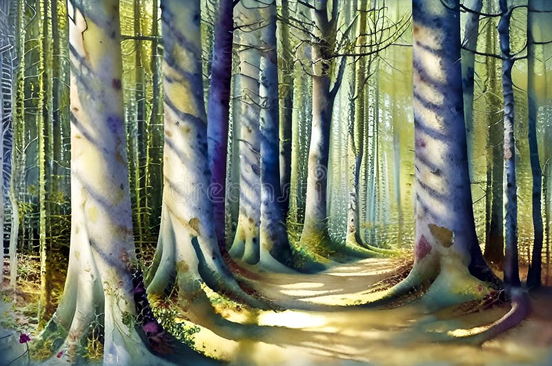 Fantasy Forest with Trees. Digital Painting Illustration Stock ...