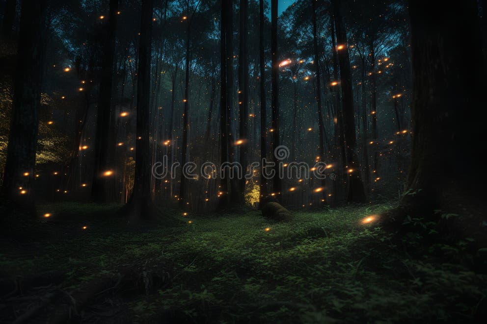 Fantasy Forest with Trees and Lights at Night. 3d Render Stock Illustration - Illustration of ...