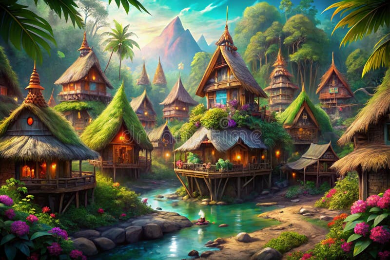 Fantasy Forest Village with Whimsical Houses and Sparkling Streams ...