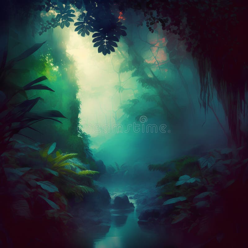 Fantasy Forest with Water Stream in the Mist. Vector Illustration Stock ...