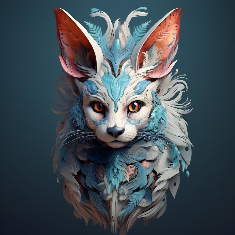 Fantasy Fox with Blue Feathers on a Blue Background Stock Illustration ...