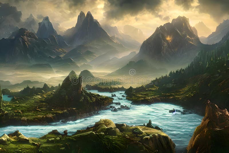 Fantasy Frontier and Forest River .Generative AI Stock Illustration ...