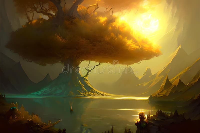Golden Sky Fantasy Frontier.Generative AI Stock Illustration ...