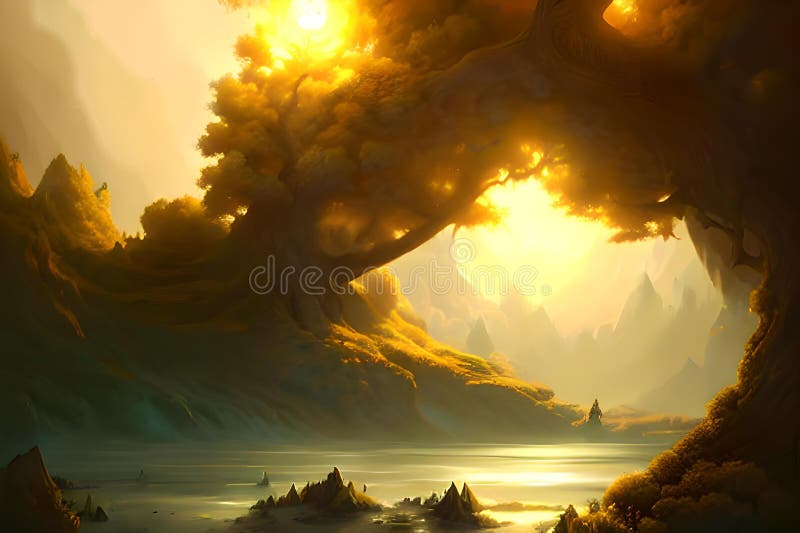 Golden Sky Fantasy Frontier.Generative AI Stock Illustration ...