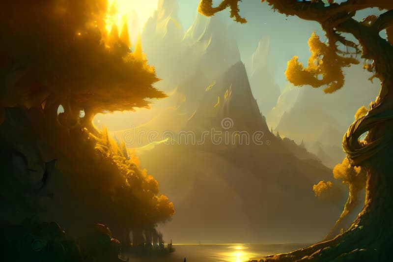 Golden Sky Fantasy Frontier.Generative AI Stock Illustration ...