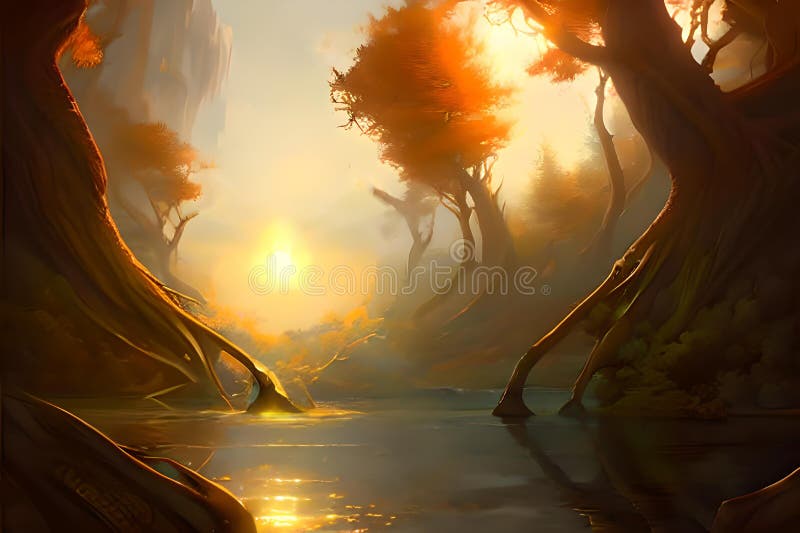 Golden Sky Fantasy Frontier.Generative AI Stock Illustration ...