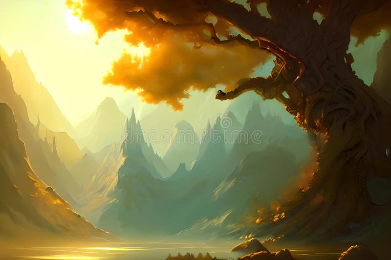 Golden Sky Fantasy Frontier.Generative AI Stock Illustration ...