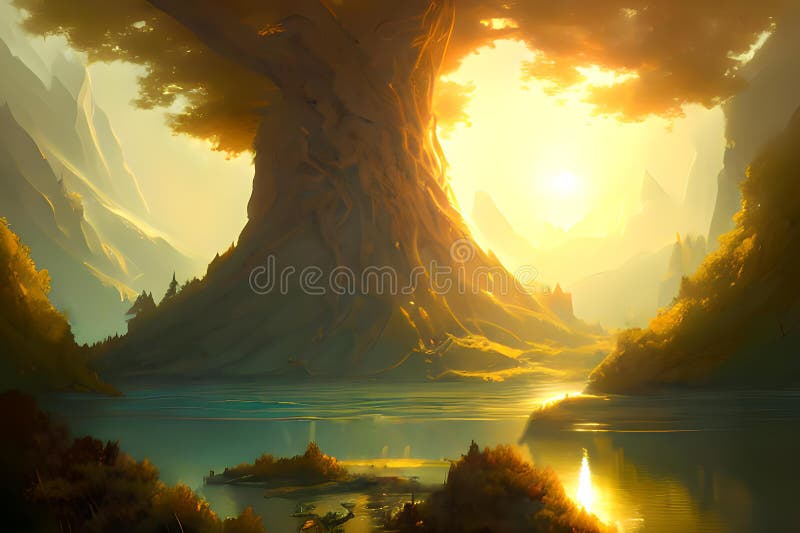 Golden Sky Fantasy Frontier.Generative AI Stock Illustration ...