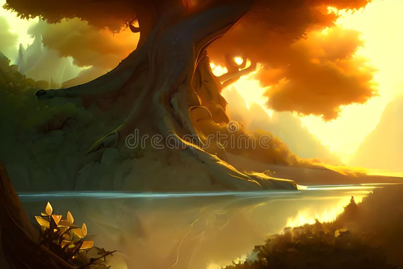 Golden Sky Fantasy Frontier.Generative AI Stock Illustration ...