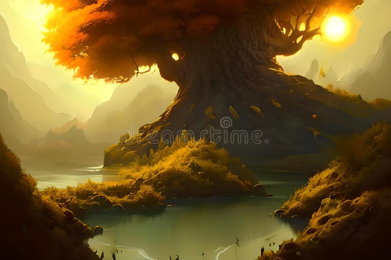 Golden Sky Fantasy Frontier.Generative AI Stock Illustration ...