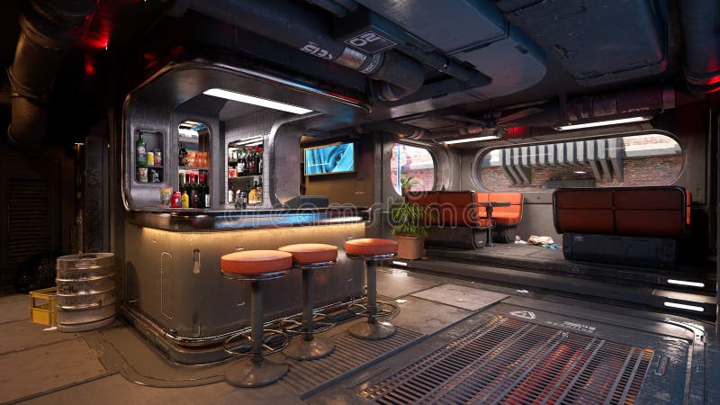 Fantasy Future Cyberpunk Saloon Bar Interior in the Evening. 3D ...