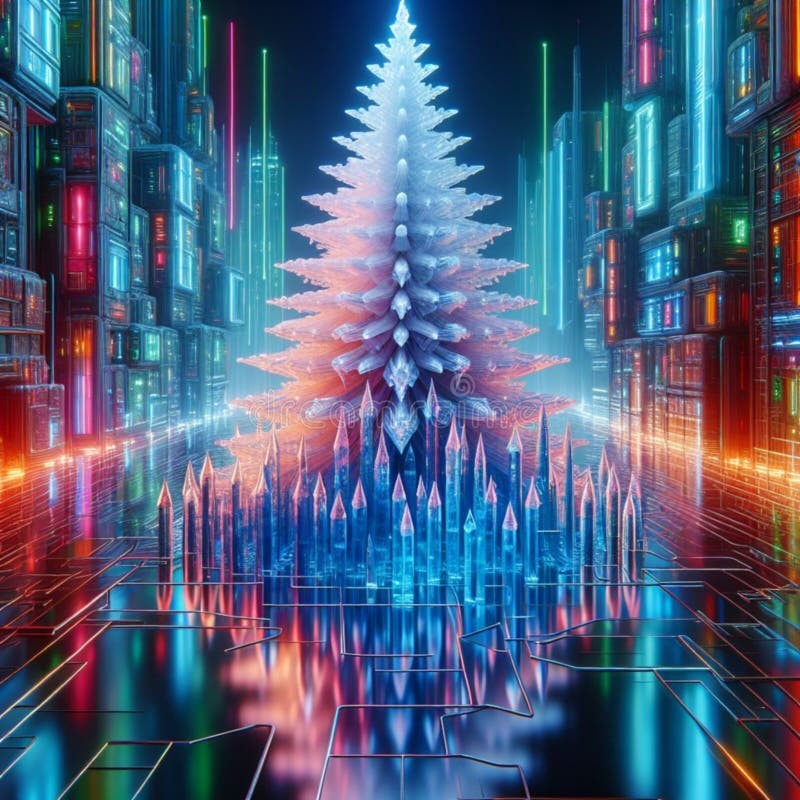 A Fantasy Futuristic Glowing and Glittering Christmas Tree in the Big ...