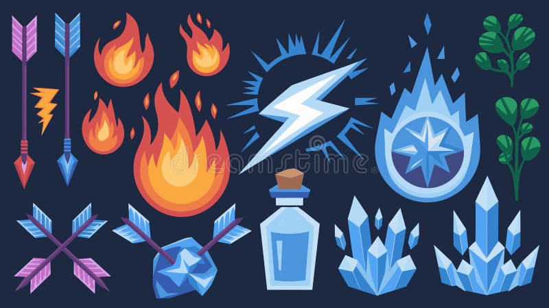 Fantasy Game Icons of Magic Spells and Skills. Game Interface Elements ...