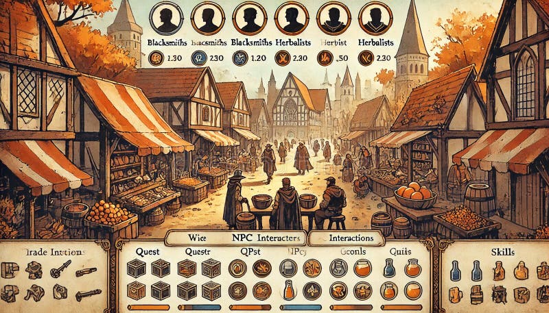 A Pixel Art-style Fantasy Game Interface Set in a Medieval Market, Featuring Vendor Stalls ...