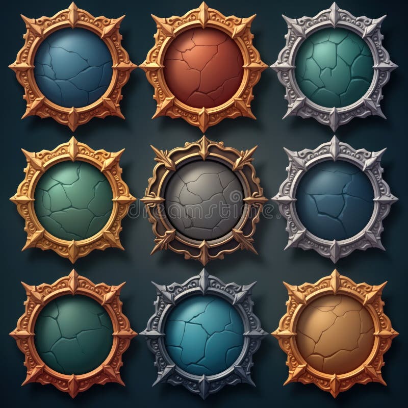 Fantasy Game UI Elements. Decorative Round Frames with Different Colors ...