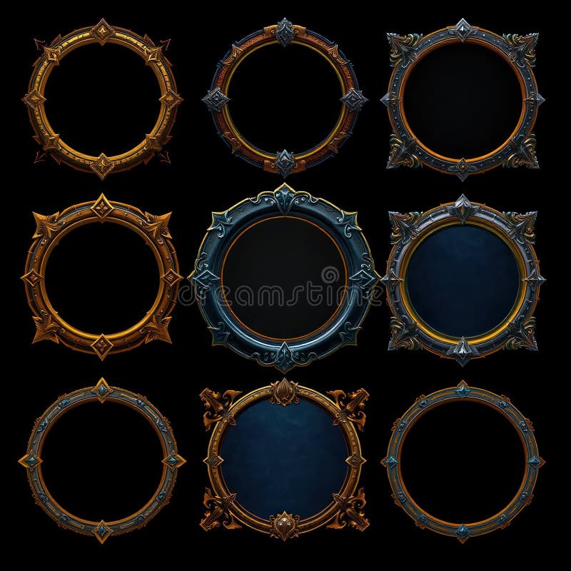 Fantasy Game UI Frames in Round, Square Shapes. Decorative Design ...