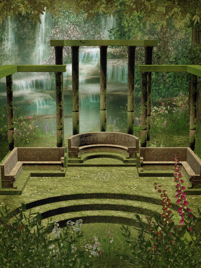 Fantasy Garden with Columns Stock Illustration - Illustration of magic ...