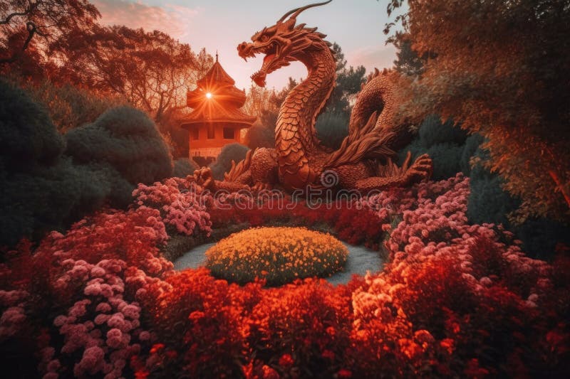 Fantasy Garden with Dragon and Wizard, Symbolizing the Magical Power of ...