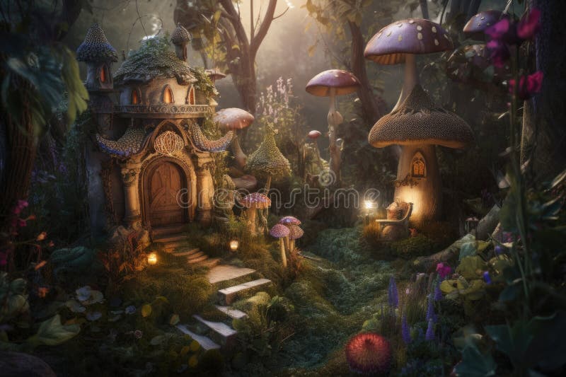 Fantasy Garden, with Magical Creatures and Plants in a Fairy Tale ...
