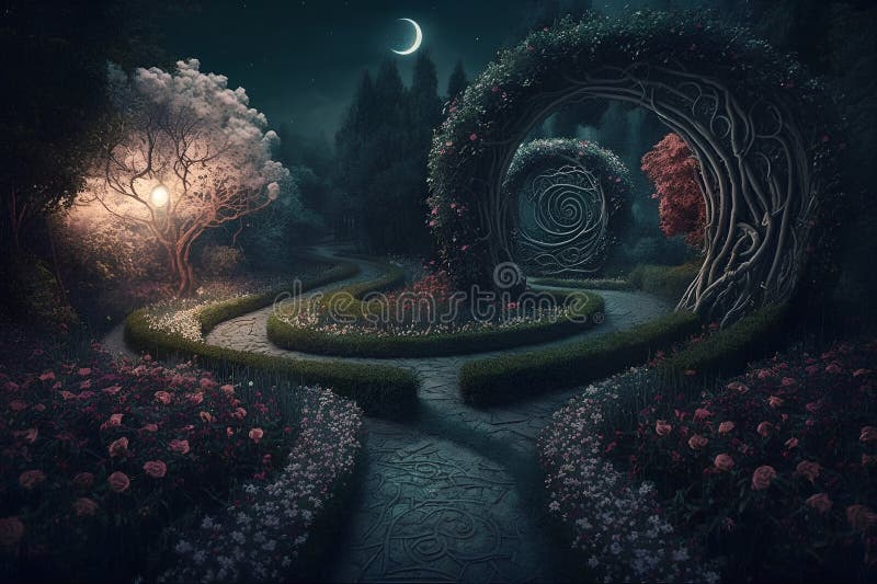 Fantasy Garden at Night with Moon and Stars,3d Render Stock ...
