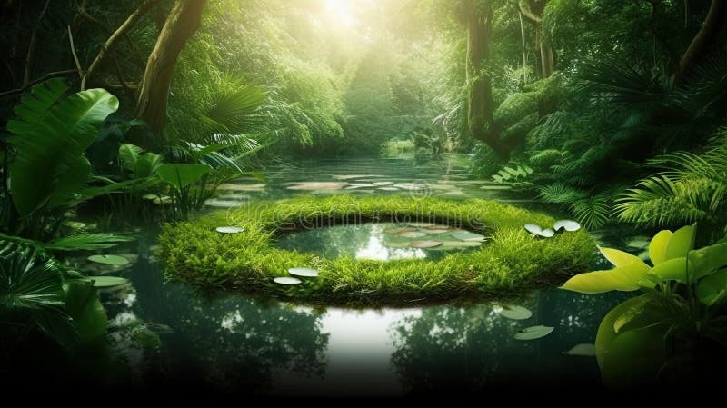 Fantasy Garden with Ring Pond and Green Plants. 3D Rendering Stock ...
