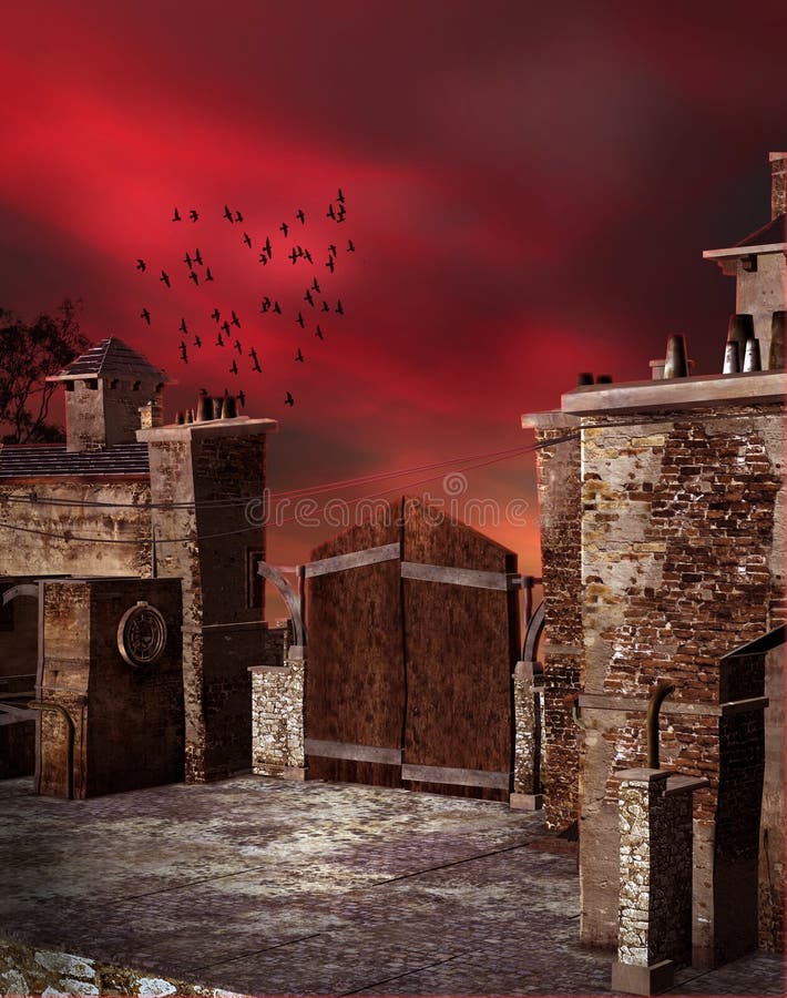 Fantasy gate with a raven stock illustration. Illustration of clouds ...