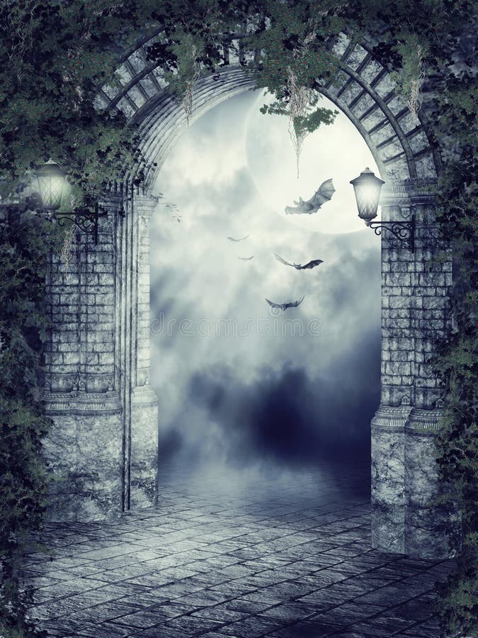 Fantasy gate with bats stock illustration. Illustration of stone - 73802904