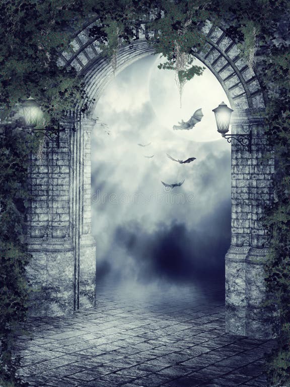 Fantasy gate with bats stock illustration. Illustration of stone - 73802904