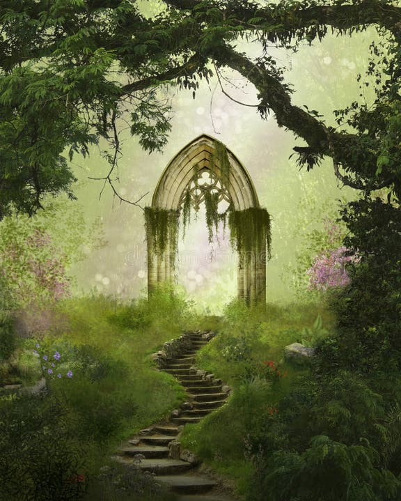 Fantasy gate in the forest stock photo. Image of lights - 76244022