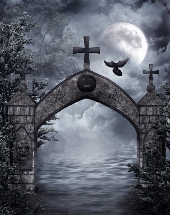 Fantasy gate with a raven stock illustration. Illustration of clouds ...