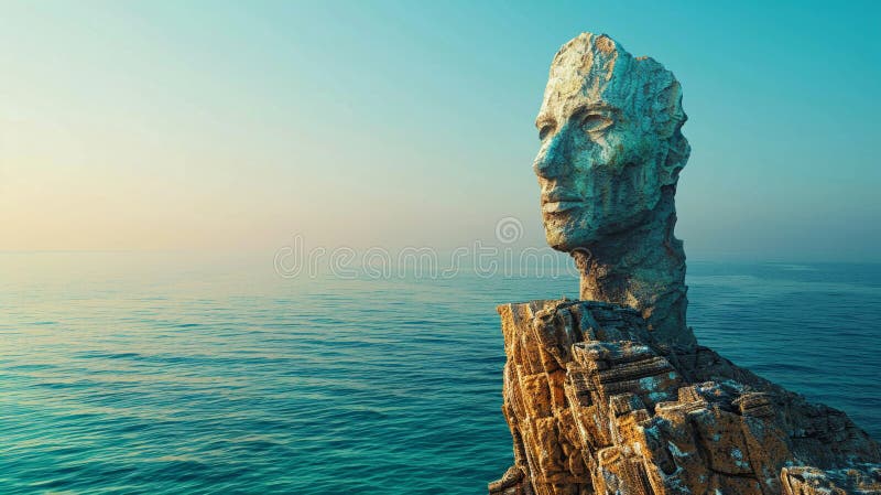 Fantasy Giant Statue Overlooking a Tranquil Sea, Clear Horizon, Space ...
