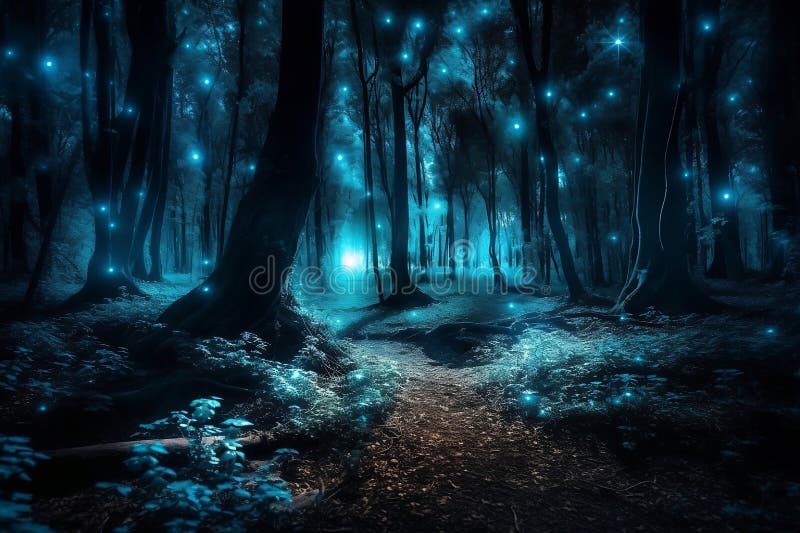 Fantasy Glowing Blue Forest at Night Stock Illustration - Illustration ...