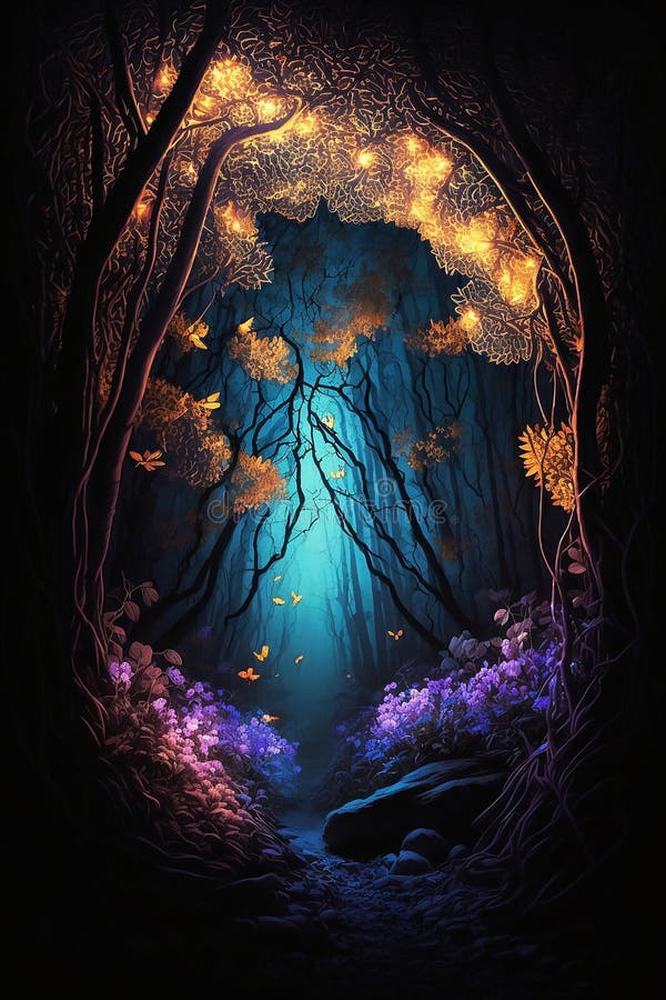Fantasy Glowing Forest at Night Stock Illustration - Illustration of ...