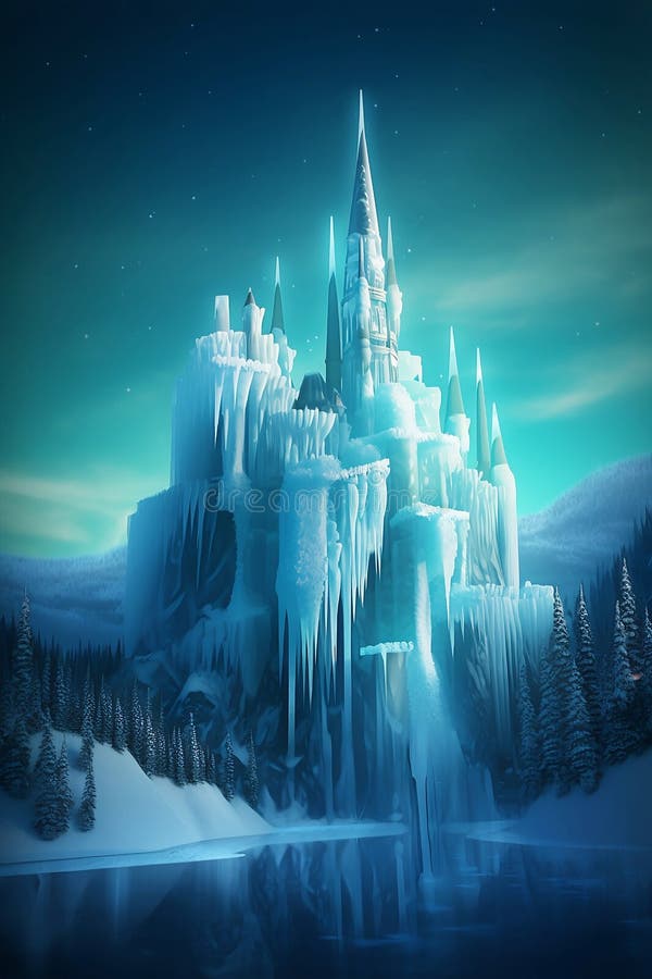 Fantasy Glowing Ice Castle in Mountain Landscape Stock Illustration ...