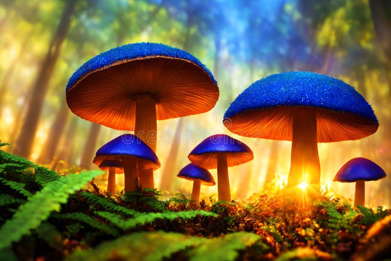 Fantasy Glowing Mushrooms In The Forest In Rays Of Sunset Low Angle View Bright Acid Colors