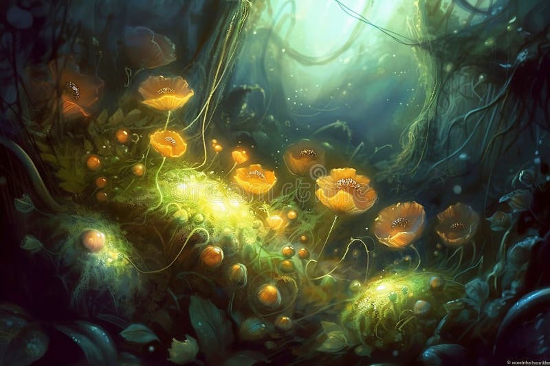 Fantasy Glowing Orange Flowers in Dark Forest Close Up Stock Image ...