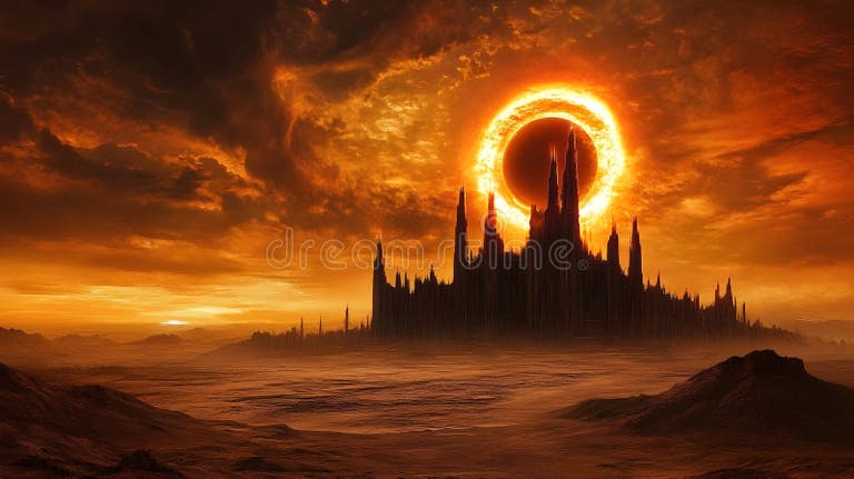 Fantasy Gothic Castle Under Fiery Solar Eclipse in Desolate Landscape ...