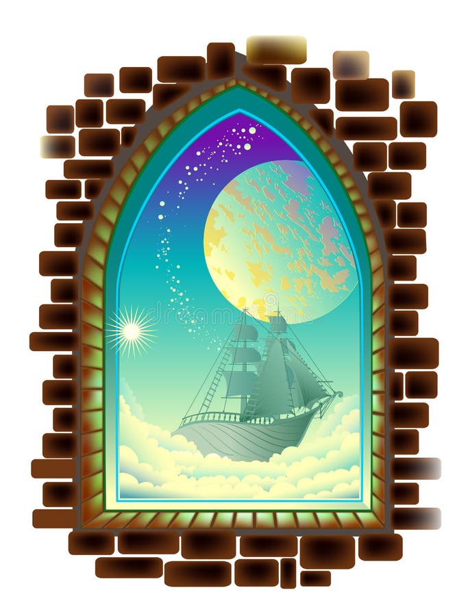 Fantasy Gothic Window with Fairyland Space View. Vector Cartoon Image ...
