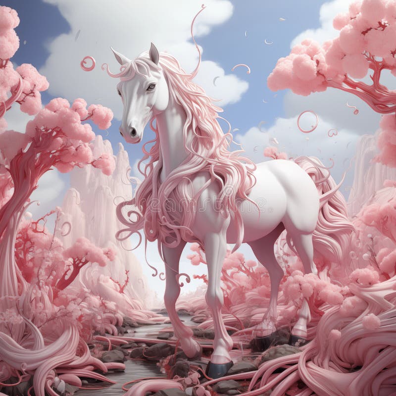 Fantasy Grace White Horse Amidst Pink and Blue Nature Stock ...