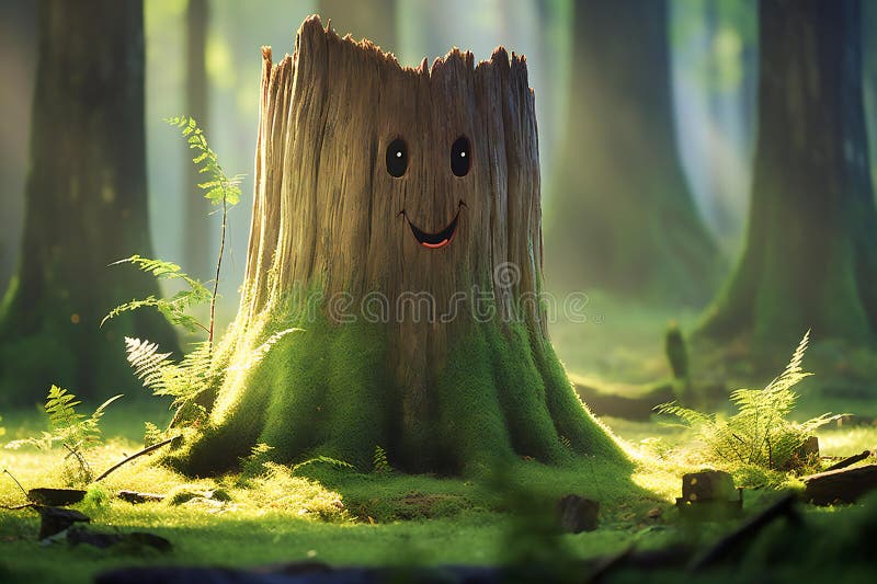 Fantasy Green Forest with a Smiley Face on a Tree Stump Stock ...