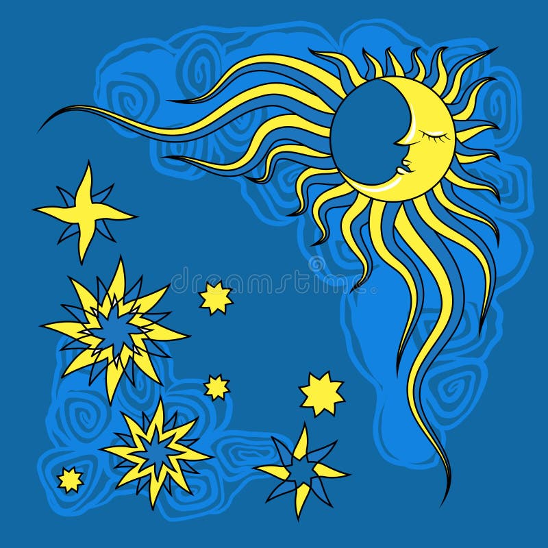 Fantasy Hand Drawn Night and Moon. Vector Stock Vector - Illustration ...